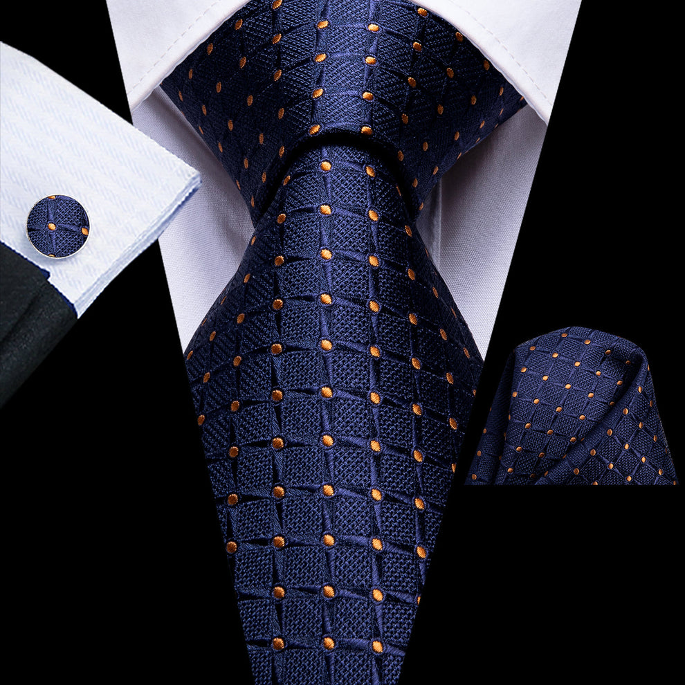 Navy & Gold Silk Tie Set – Grid Pattern Necktie with Pocket Square ...