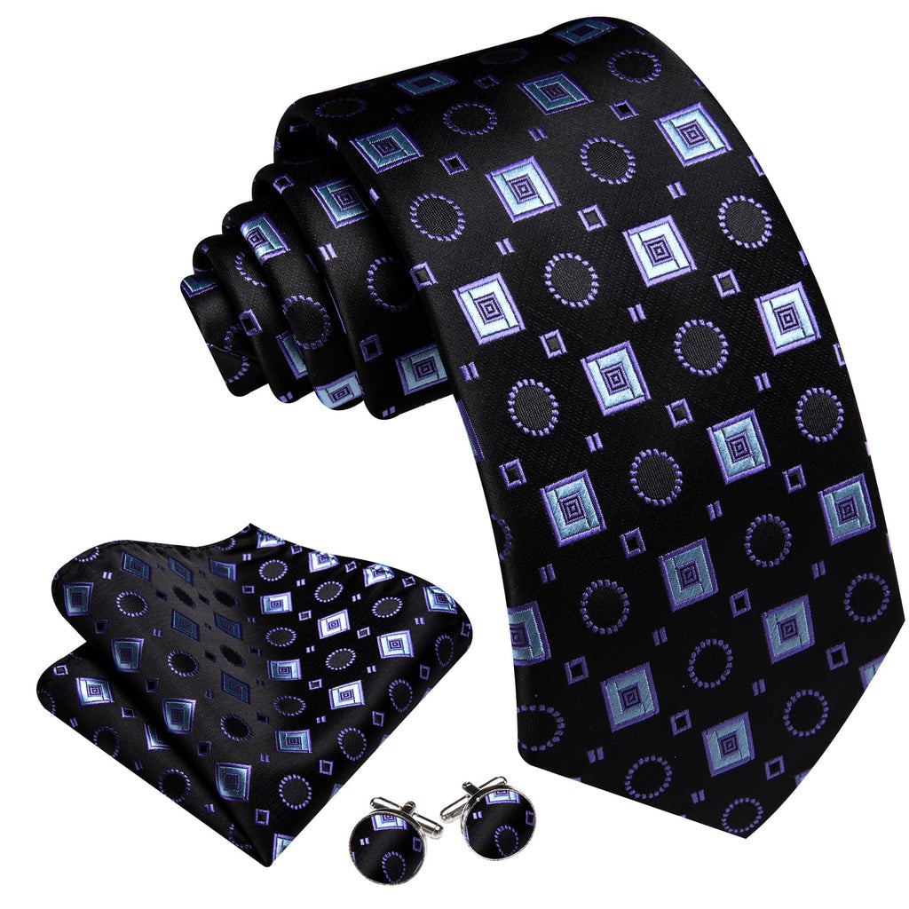 Black, Purple, and Blue Jacquard Square Pattern Tie, Pocket Square, an ...