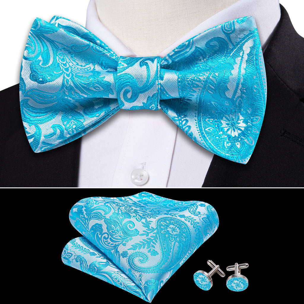 Blue and Silver Paisley Bow Tie Set – Sophisticated Gentlemen