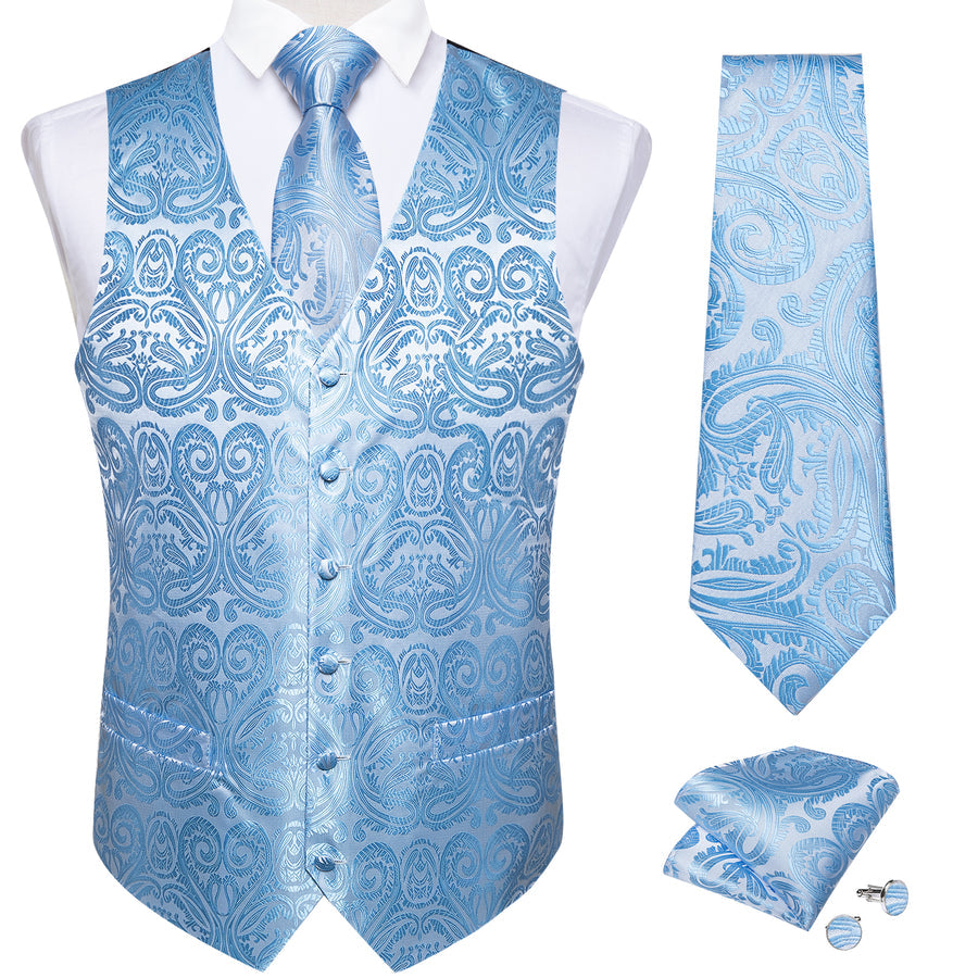 Radiant Sky Blue Paisley Silk Vest Set – Sophisticated Gentlemen