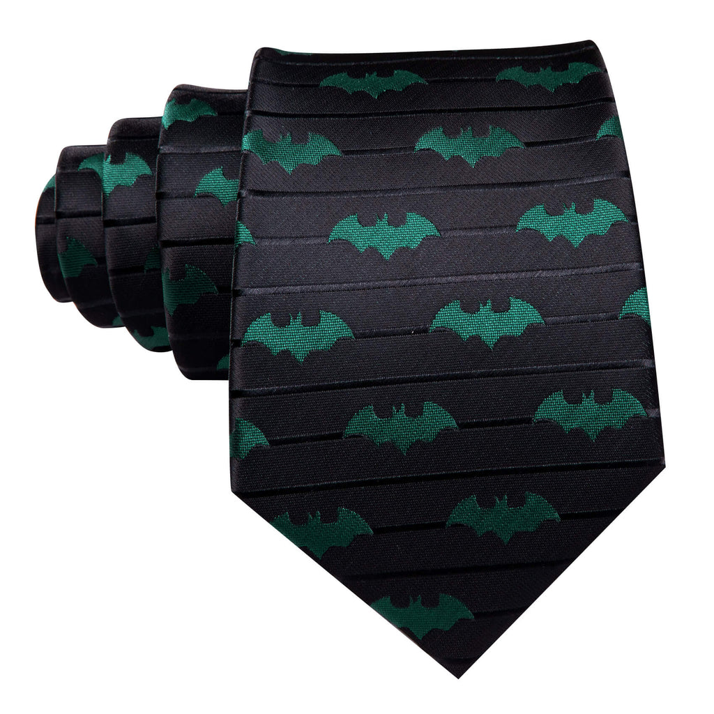Black & Green Silk Bat Tie Set with Pocket Square and Cufflinks ...