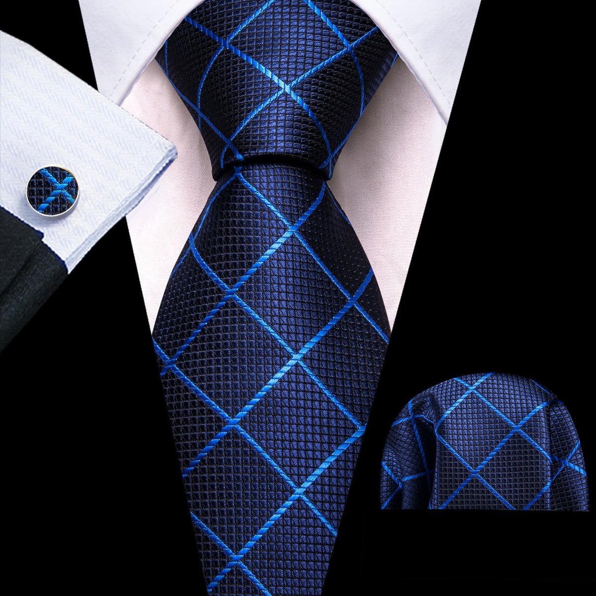 Navy Blue Checkered Tie, Pocket Square, and Cufflinks Set ...